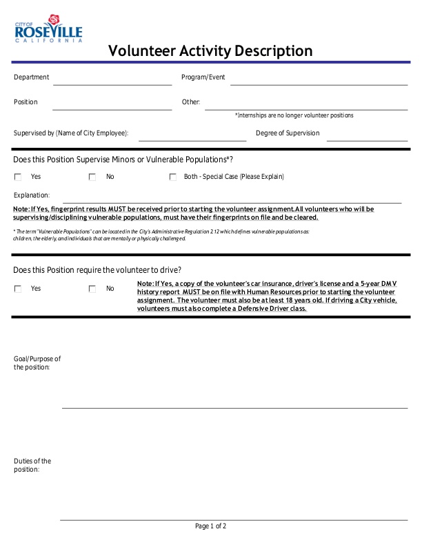 SAMPLE Volunteer Job Description Form Of Roseville CA Icma